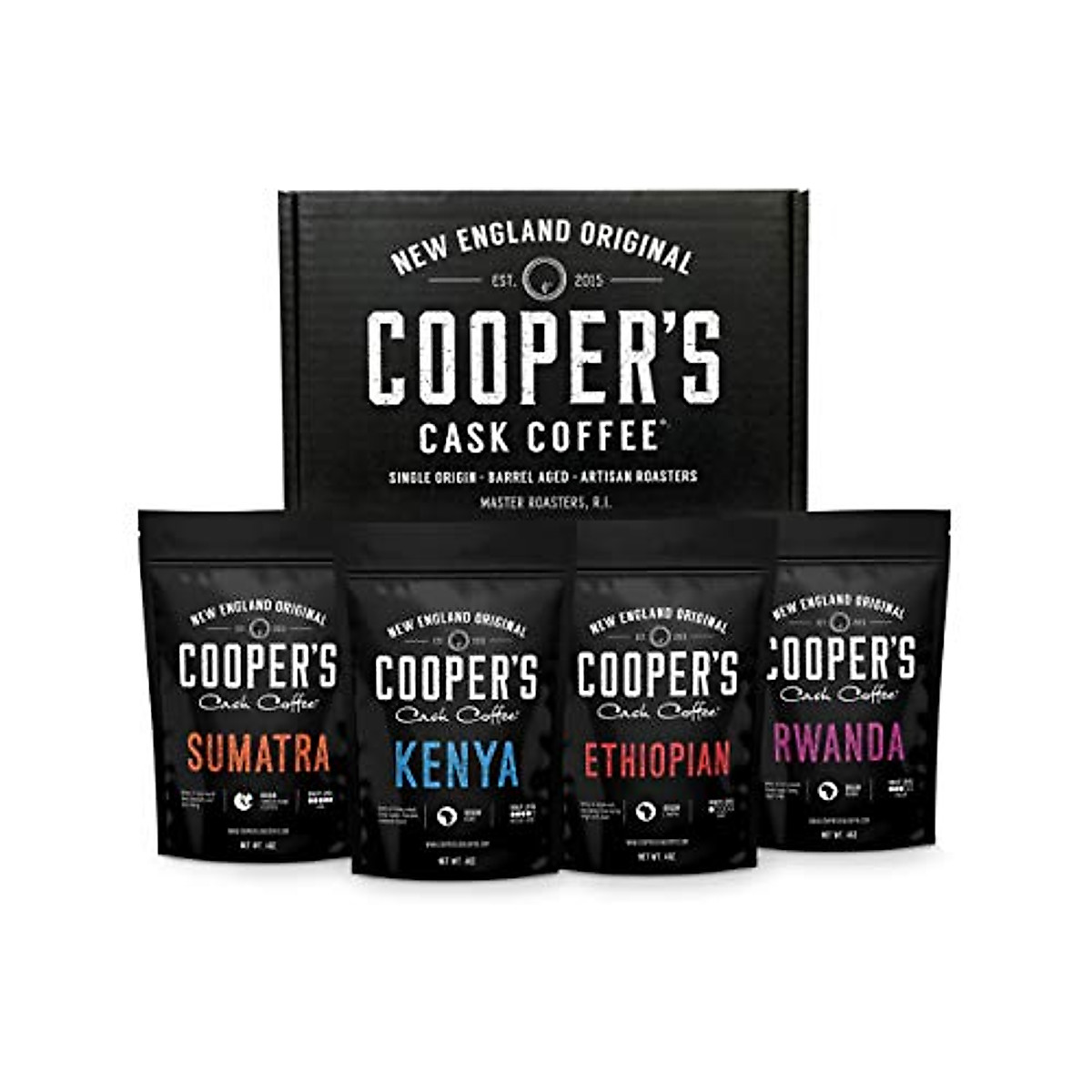 Gourmet Coffee Sampler Gift Box Set | Coffee 4 bags | 1lb Total | Sumatra Dark, Kenya AA Medium-Dark, Rwanda Medium, Natural Ethiopian Medium-Light, 1lb Total (Ground)