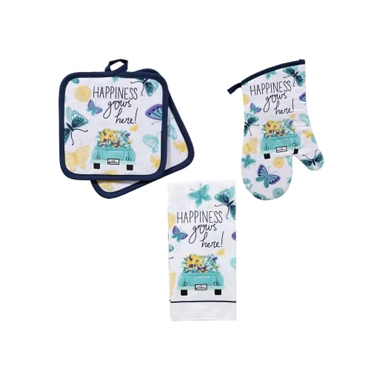 Greenbrier Spring Fling Kitchen Linens, Bloom Where You are Planted, 5 Pieces Includes Towels, Oven Mitt, Potholders