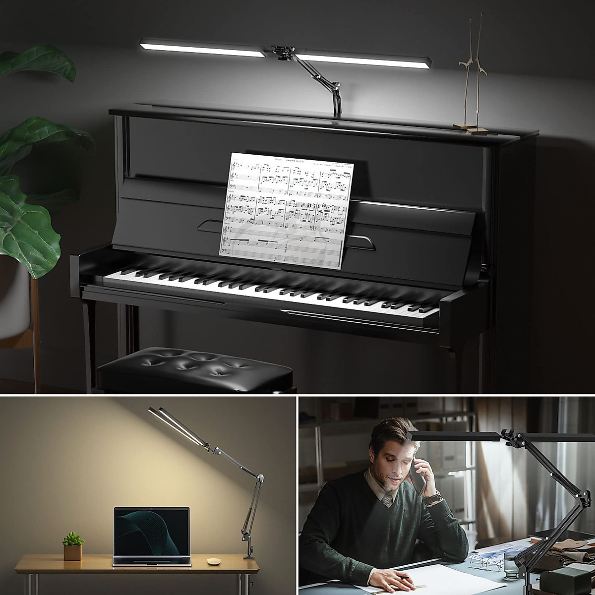 CHICLEW LED Desk Lamp for Home Office, 24W Swing Arm Double-Head Table Lamps, 3 Colors Lighting & Stepless Dimming Architect Reading Desk Light, Adjustable Eye-Caring Clamp Light for Study Relax Work