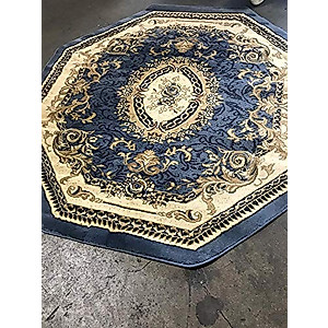 Traditional Octagon Oriental Floral Aubusson Area Rug Persian Light Blue Burgundy Beige Design 602 (4 Feet X 4 Feet)
