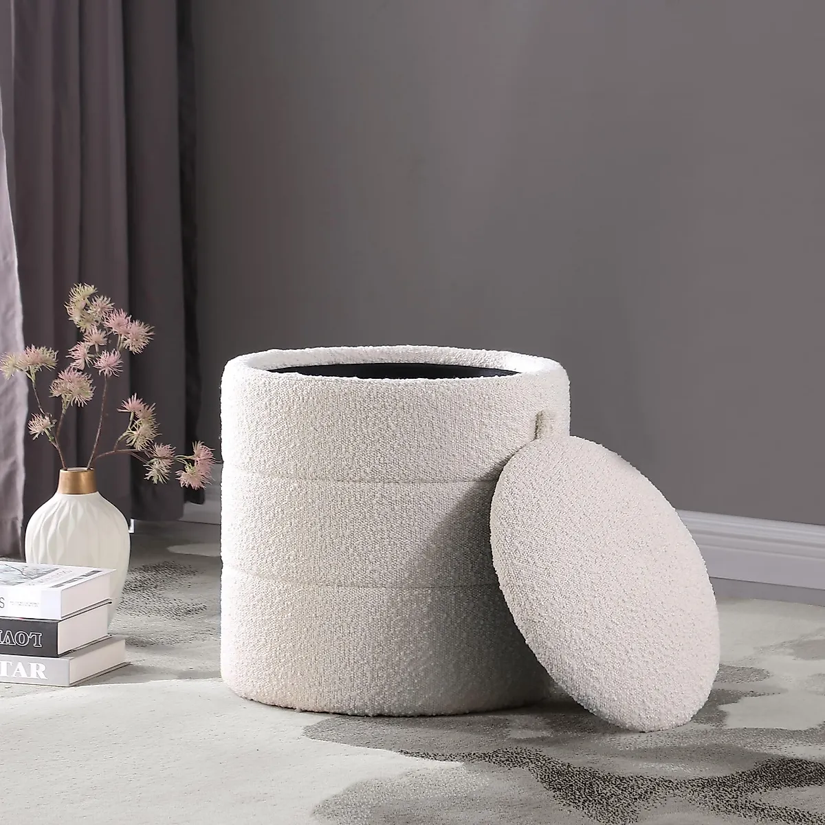 HomePop Storage Round Ottoman with Removable Lid Home Décor|Upholstered Round Foot Rest Ottoman - Cream Boucle