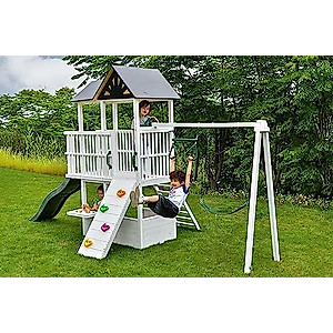 Avenlur Craftsman Modern Swing Set - Outdoor Backyard Swing: Montessori Waldorf Style Slide, Clubhouse, Fort, Gymnastic Bar, Rock Climb Wall, and More for Kids' Imaginative Play - ASTM Cert. - 3-11yr