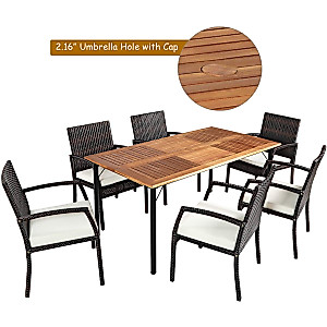 Tangkula 7 Pieces Patio Dining Set, Acacia Wood Wicker Dining Furniture Set with Sturdy Steel Frame & Umbrella Hole, Outdoor Dining Table Chair Set with Removable Cushions for Backyard, Garden (White)