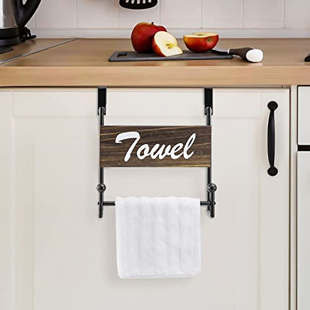 MyGift Industrial Matte Black Metal Over Cabinet Door Hand Towel Bar Holder with Decorative Burnt Wood Cursive Towel Sign
