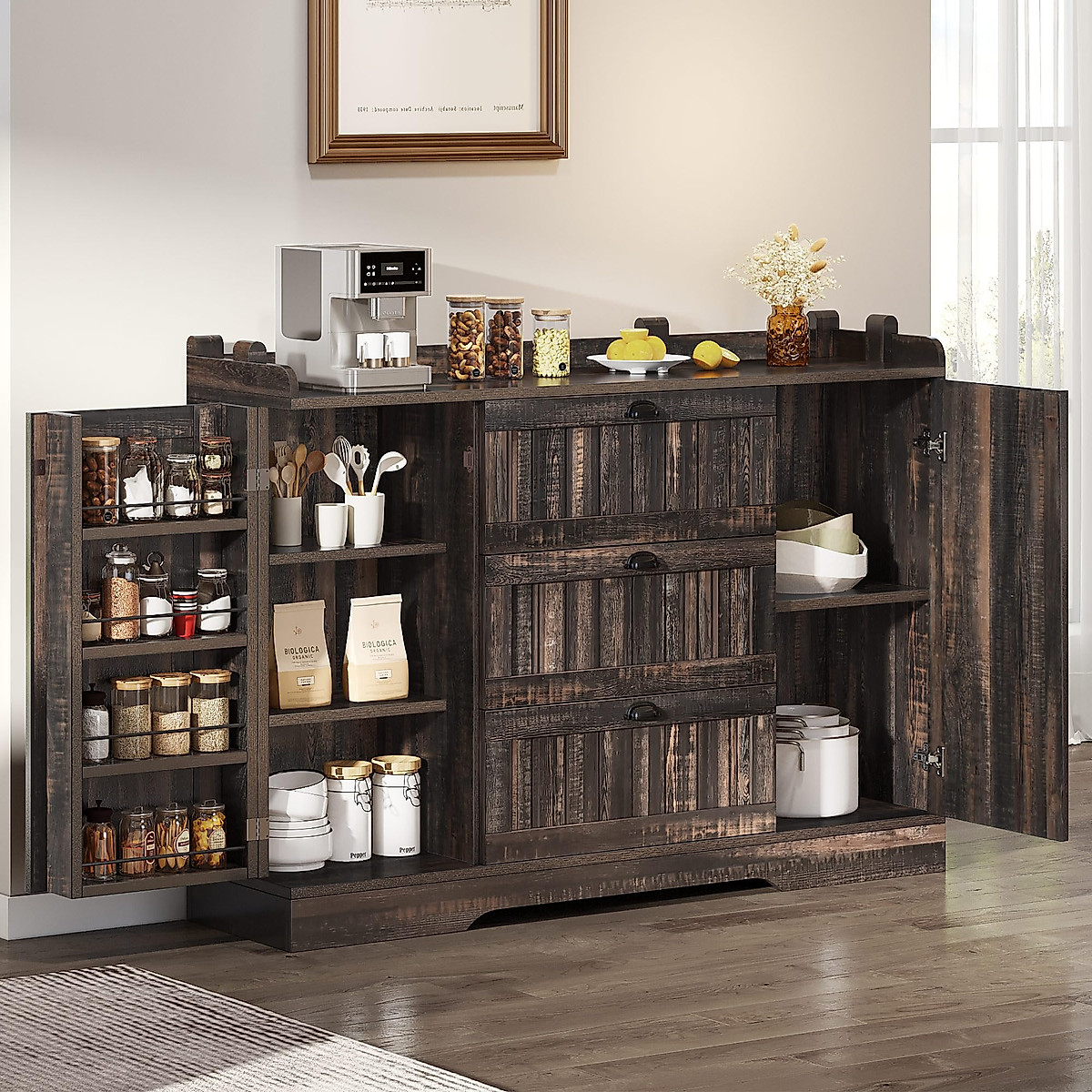 DWVO Farmhouse Sideboard Buffet Cabinet with Storage, 59" Kitchen Pantry Storage Cabinet with 3 Drawers, Coffee Bar for Kitchen Living Room Dining Room, Dark Rustic Oak
