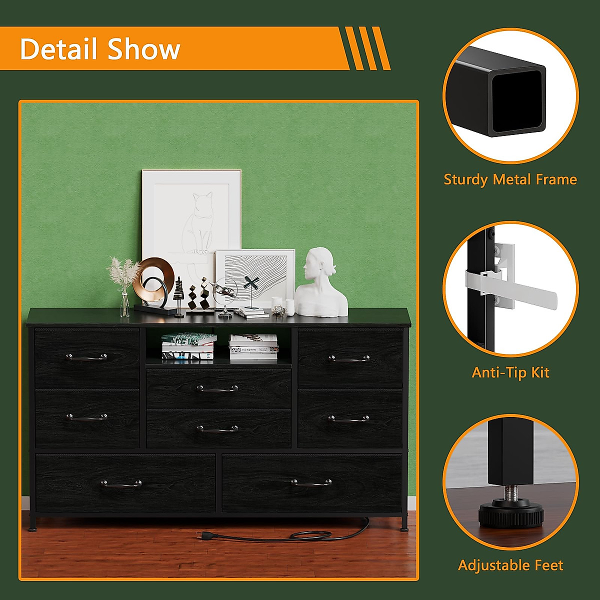 Furnulem Dresser TV Stand with Power Outlet for 55'' Long TV, Entertainment Center with 8 Deep Drawers,Wide Chest of Drawer for Storage in Bedroom,Closet,Living Room,Hallway(Black Oak)