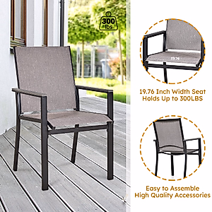 bigget 5-Piece Patio Outdoor Dining Set of 4 Chairs Textilene Breathable Fabric& Wrought Iron Desk Square Metal Table w/ 1.57" Umbrella Hole Furniture Set for Garden Yard Porch Deck Bistro