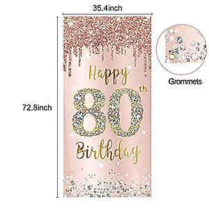 80th Birthday Door Banner Decorations for Women, Pink Rose Gold Happy 80th Birthday Door Cover Backdrop Party Supplies, Large 80 Year Old Birthday Poster Sign Decor
