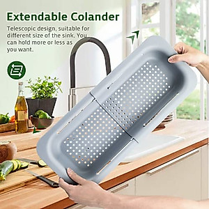 Komzon Extendable Colander Strainer Over the Sink, Retractable Kitchen Sink Basket to Wash Vegetables and Fruits, Food Strainers to Drain Pasta and Dry Dishes, Collapsible Plastic Colanders for Sink
