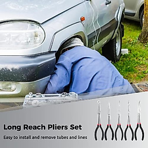 joyibay Long Reach Needle Nose Pliers, 5 Pcs 11-Inch Long Needle Nose Pliers Hose Grippers Set with Pouch, Includes Straight Angle, 25, 45, 90 Degree, O-Typed Long Reach Pliers for Narrow Spaces