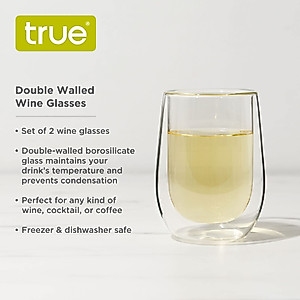 True Insulated Wine Glasses - Double Walled Stemless Wine Glass Set - Dishwasher Safe Borosilicate Glass 10oz Set of 2