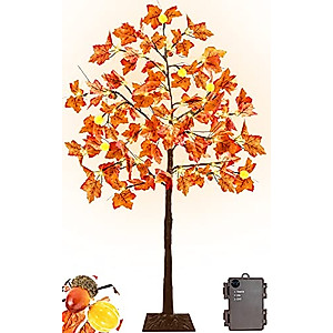 TURNMEON 4 Feet Prelit Maple Tree Fall Decorations Fall Tree Decor with Timer Pumpkin Lights 60 LED Warm Lights Acorn Brown Battery Box Thick Fall Tree Autumn Thanksgiving Indoor Outdoor Party