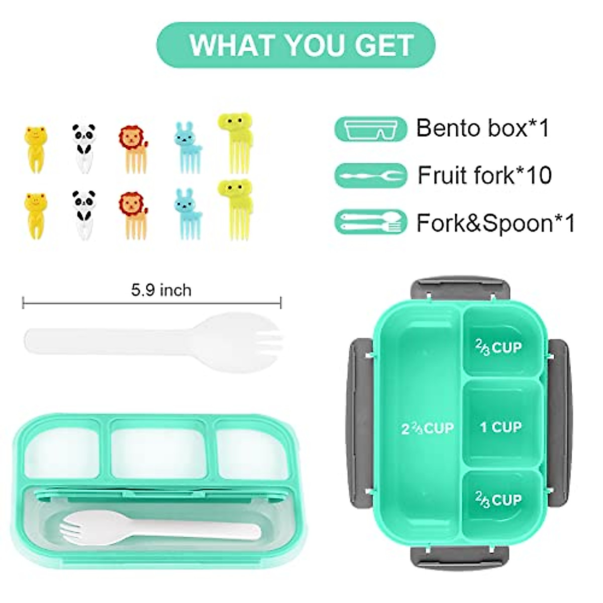 BentoMoment Bento Lunch Box, 4 Compartments Lunch Box Containers for Adults, 5 Cups Bento Box with Utensils& Fruit Fork, Cute Snack Lunch Box, Leakproof Microwave Safe Bento Boxes, Green