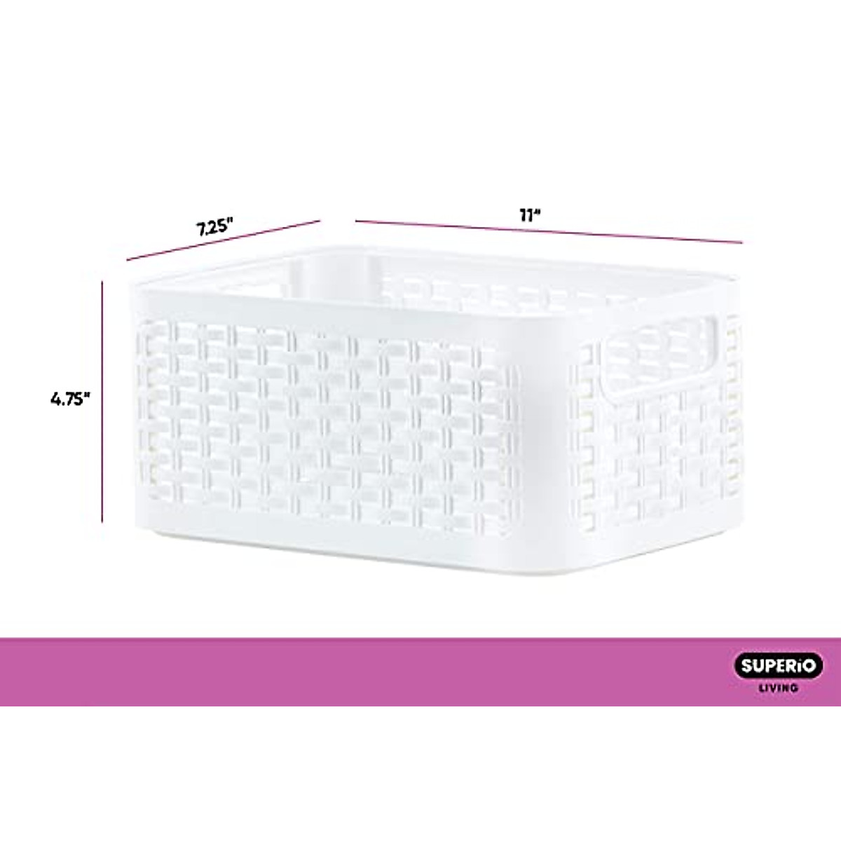 Superio Woven Plastic Storage Basket Box with Handles- Wicker Home Organizer Shelf Bins for Closet- Use for Socks, Jeans, Undershirts, Belts, Accessories (9 Quart, White)