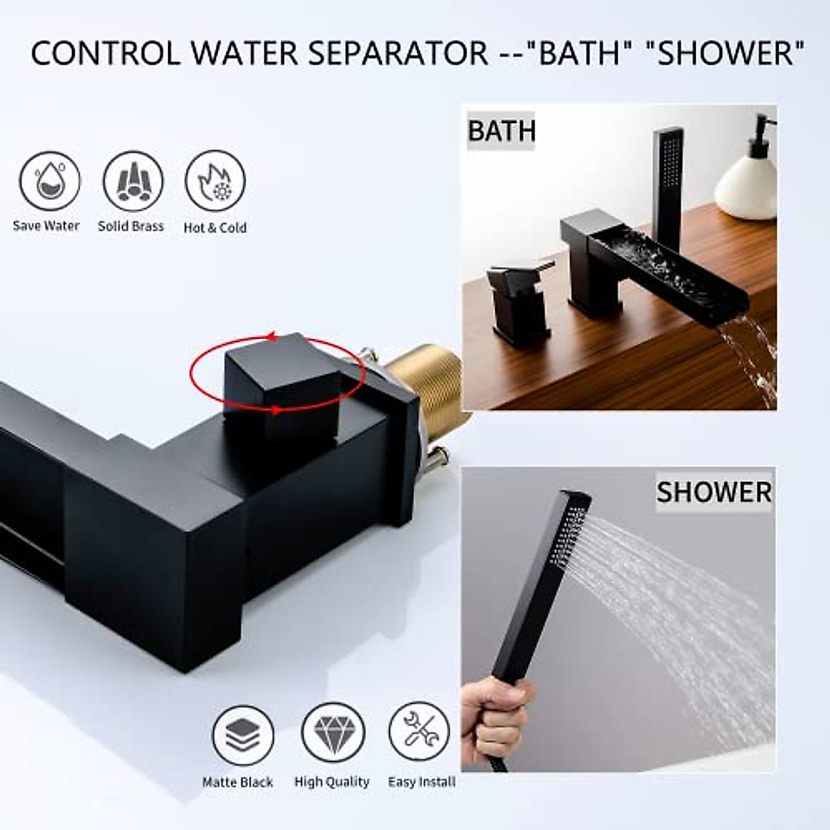 Artbath Roman Tub Faucet with Hand Shower, Deck-Mount Bathtub Faucet Tub Filler with Sprayer Waterfall Tub Faucet Set, Matte Black