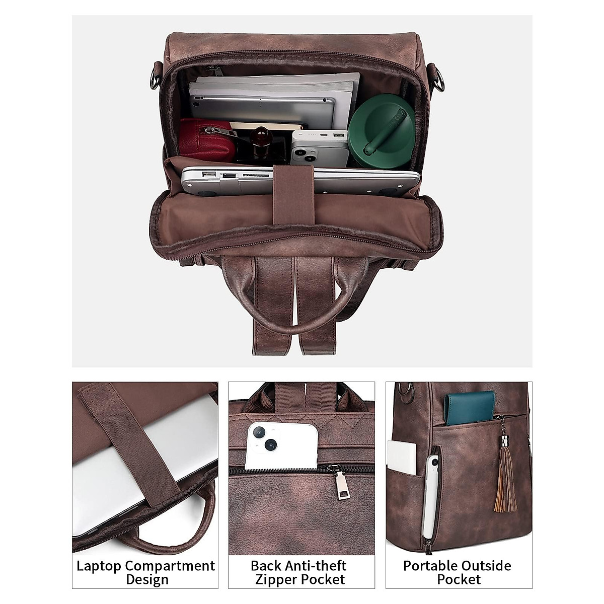 FADEON Laptop Backpack Purse for Women Large Designer PU Leather Laptop Bag, Ladies College Book Bag Shoulder Bags