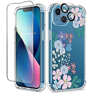 GVIEWIN Designed for iPhone 13 Case 6.1 Inch, with Tempered Glass Screen Protector + Camera Lens Protector Clear Flower Soft & Flexible Shockproof Floral Women Phone Cover (Spring Blossom/Colorful)