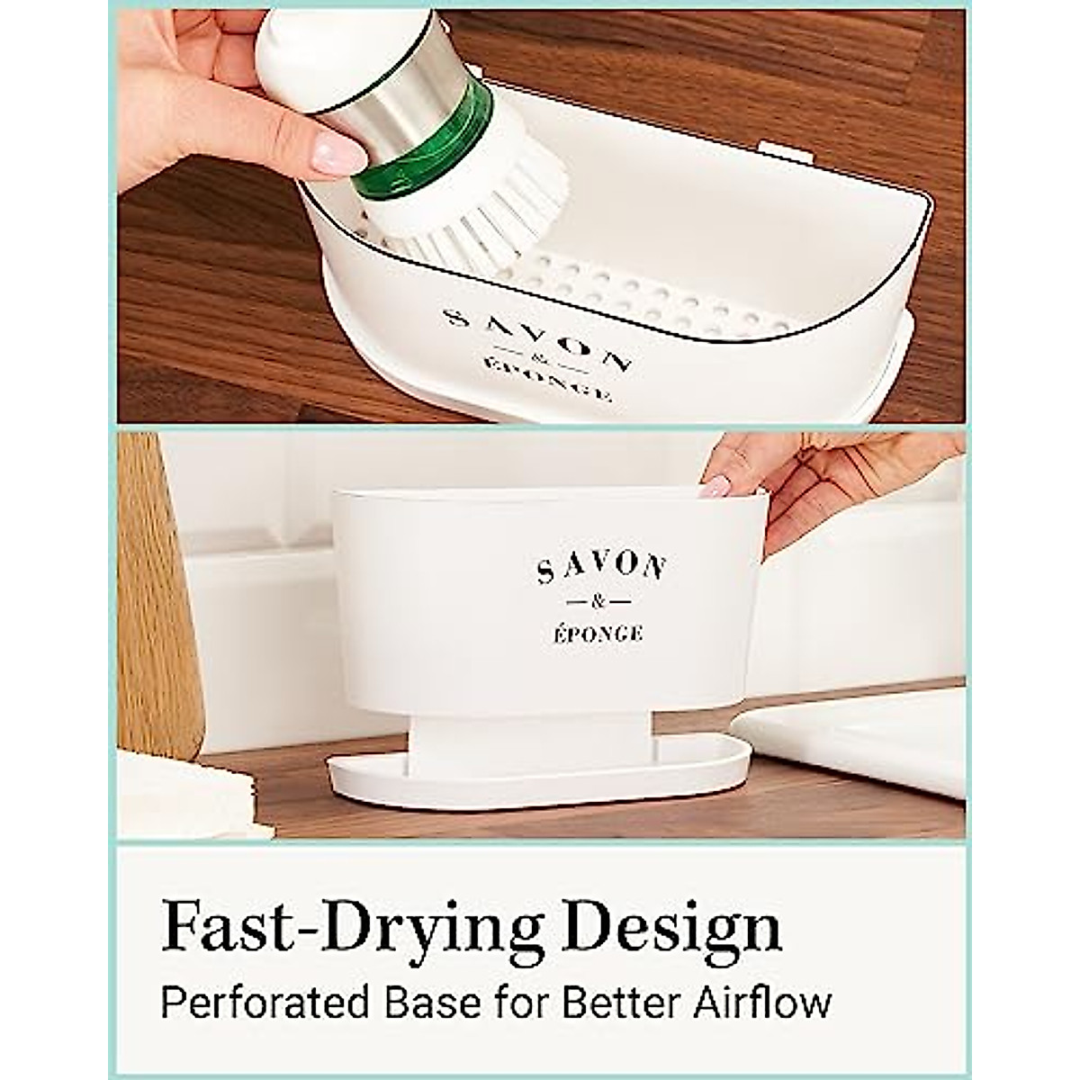 L U N A M A HOME DÉCOR Sink Caddy - Kitchen Sink Organizer - Sponge Holder - Hanging in Sink or Countertop Usage - Antislip mats - Odorless Sponge & Stainless Steel Brush Included