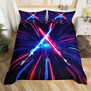 Lightsaber Duvet Cover Set Queen Size,Geometric Lines Gradient Bedding Set 3pcs for Kids Teens Boys Room Decor, Future Technology Metaverse Comforter Cover Red Blue Quilt Cover with 2 Pillowcases