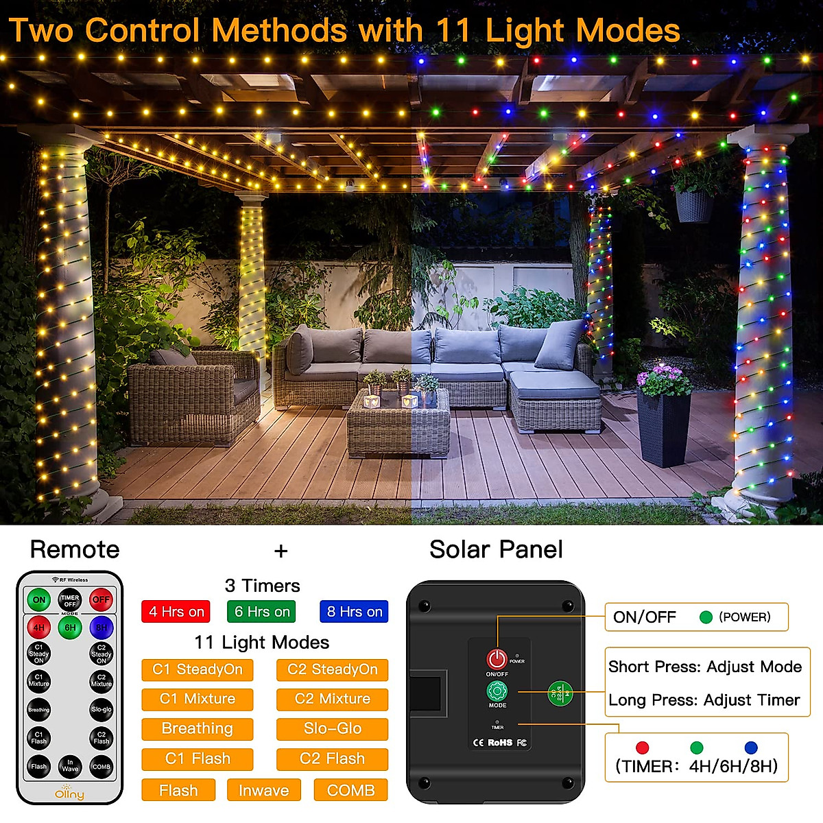 Ollny Solar String Lights Outdoor 2Pack Each 180LED 60FT 11Modes IP67 Waterproof, Warm White & Multicolor Solar Fairy Lights with Timer Memory for Patio Christmas Decorations
