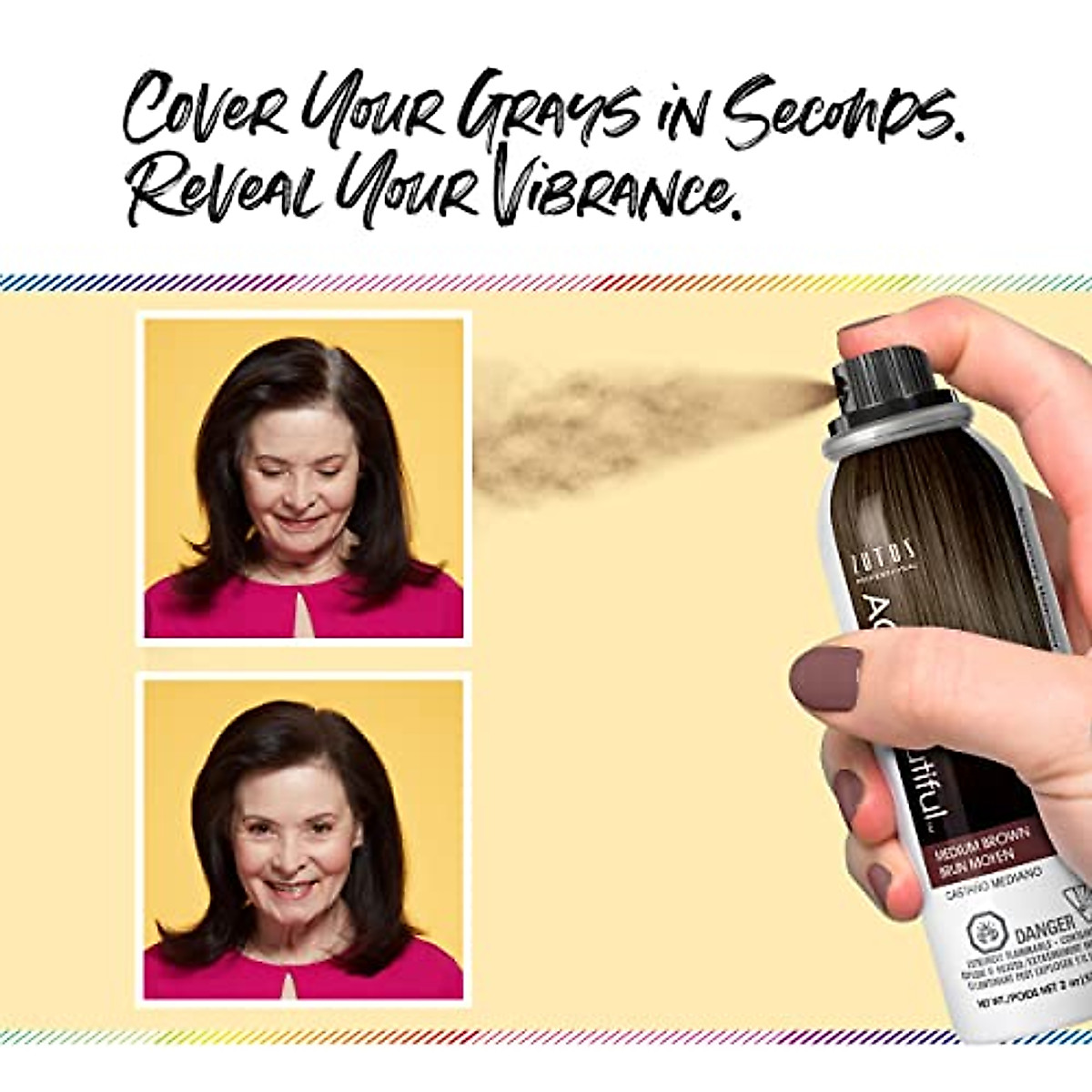 AGE beautiful Root Touch Up Hair Color Spray | Touch-Up Gray Concealer | Temporary Cover Up | Adds Volume & Covers Thinning Patches | Water, Sweat, Stain Resistant | Darkest Brown | 2 Fl Oz