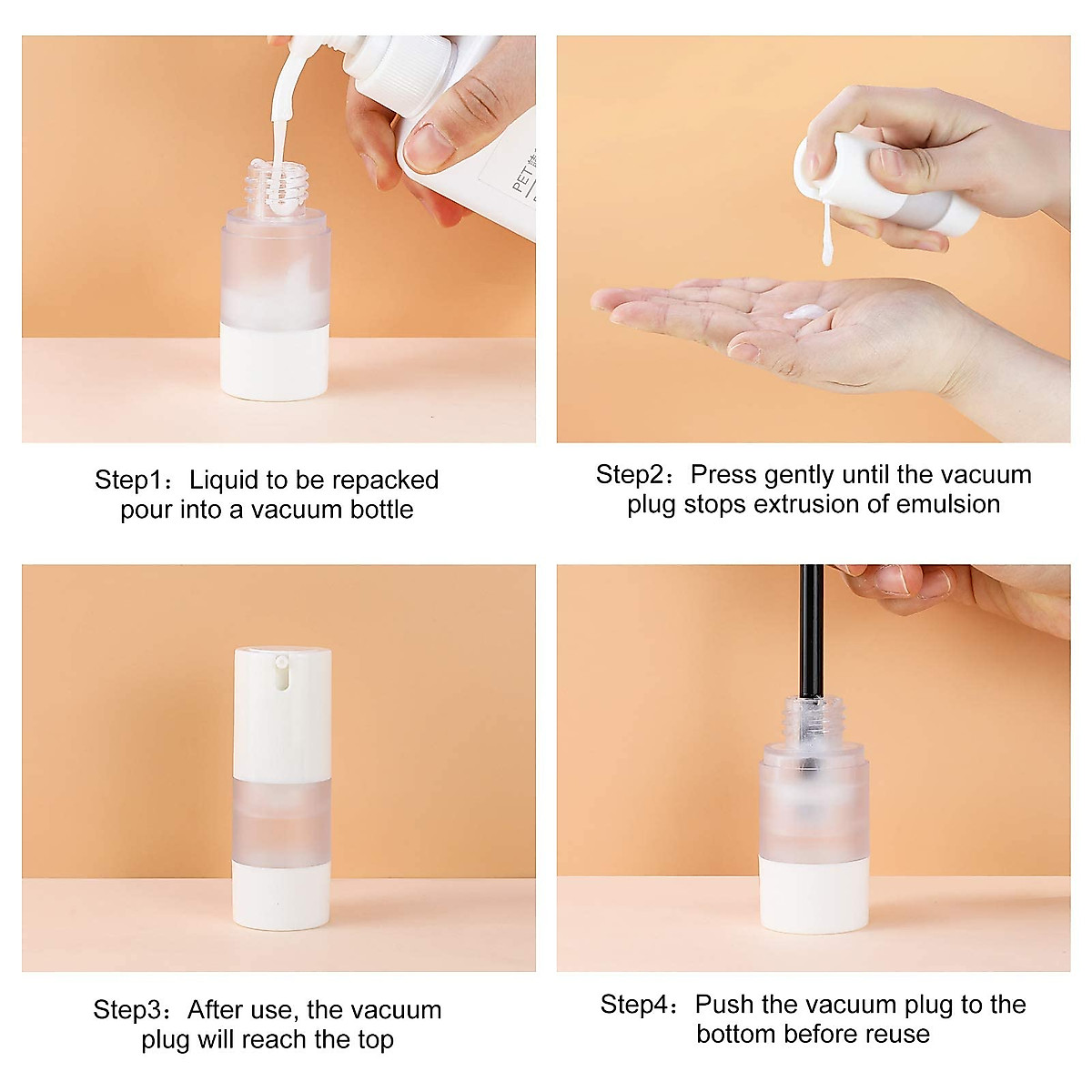 longway 1.7 Oz (50ML) Empty Refillable Airless Pump Bottle,Travel Foundation Containers,Airless Cosmetic Pump Bottle for Hand Sanitizer, Toner,Gel,Hair Oil, Lotion and Face Cream (Pack of 6, Frosted)