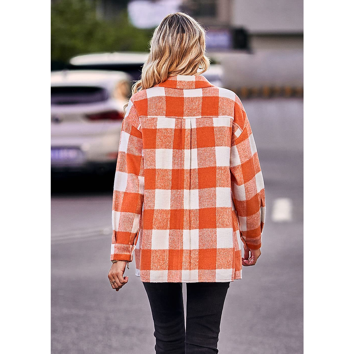 PRETTYGARDEN Women's 2024 Fall Clothes Plaid Shacket Jacket Long Sleeve Button Down Flannel Shirts Fashion Blouse (Plaid Orange White,Large)