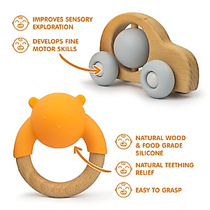 Wooden Baby Teething Toys Set of 2 (Car & Ring Shaker) - Food Grade Teether Ring and Rattle with Push Along Organic Car for Teething Relief and Endless Fun