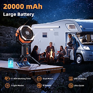 MORIKO Table Fans Tripod, 20000mAh Rechargeable Battery Operated Portable Tent Fan with LED Lantern, Remote Control, Hook, 270° Pivot, Stepless Speed-Ideal for Camping, Picnic, Barbecue, Jobsite