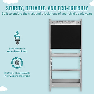 Dream On Me Explora Tower & Step Stool in Pebble Grey, Anti-Slip Base, Multipurpose Kids Step Stool, 3 Platform Heights, Chalkable Black Board