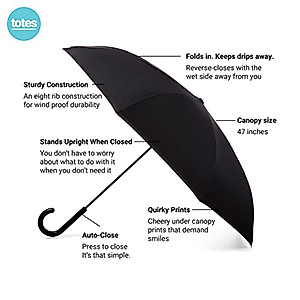 totes InBrella Reverse Close Umbrella, Invisible Water Repellent Coating, Auto Close