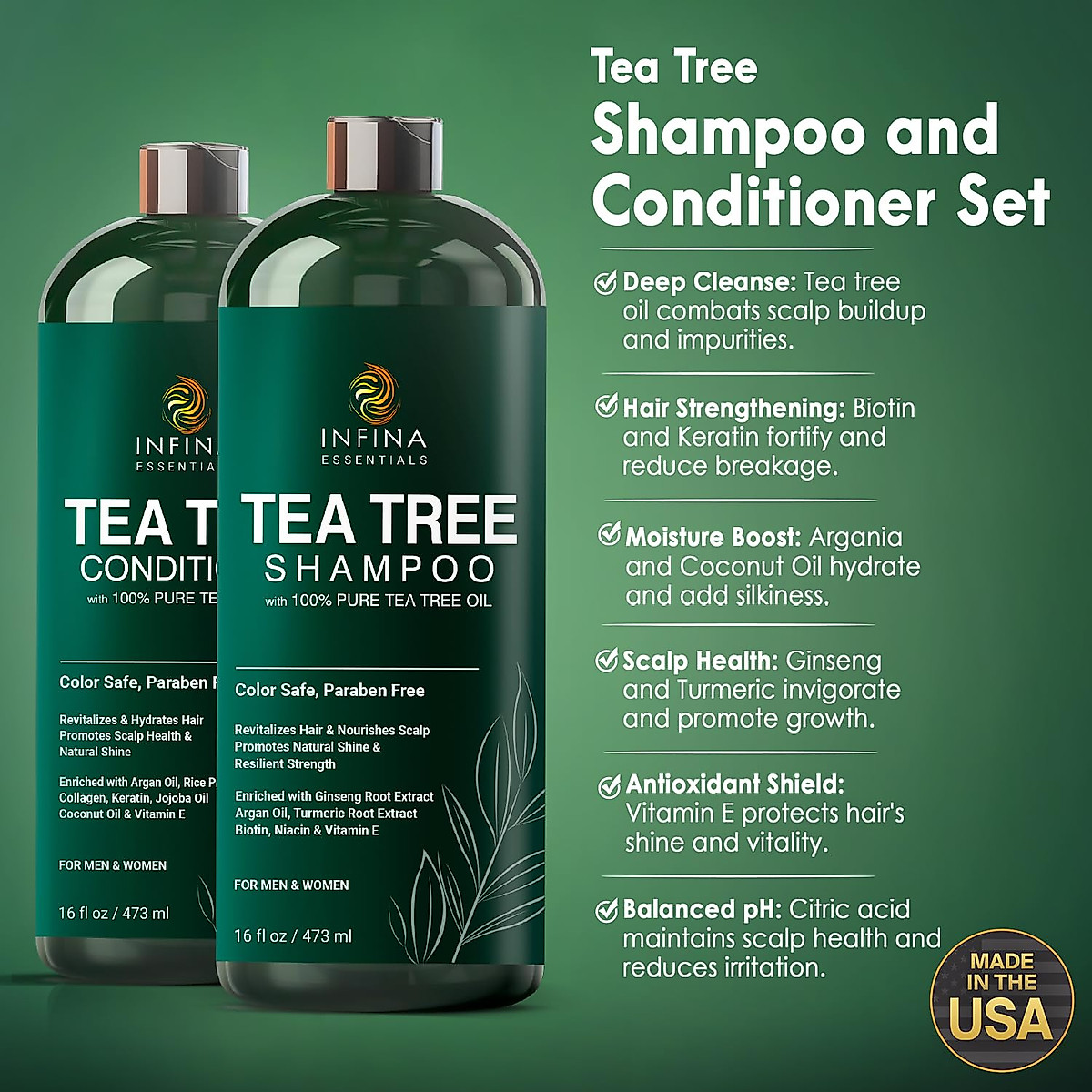 Tea Tree Shampoo and Conditioner Set - Deep Cleansing, Strengthening and Shine-Boosting Formula for Dry Scalp - For Men & Women - 16 fl oz each