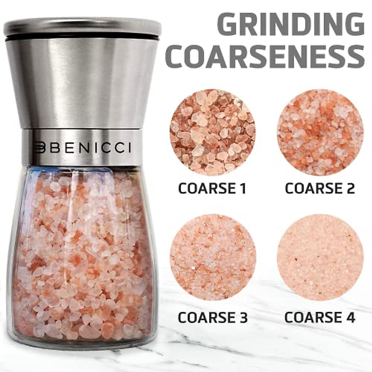 Beautiful Stainless Steel Salt and Pepper Grinder Set of 2 - Pepper Mill & Salt Mill with Adjustable Coarseness - Glass Spice & Salt Shakers - Easy Clean Ceramic Grinders w/a Spoon & Cleaning Brush