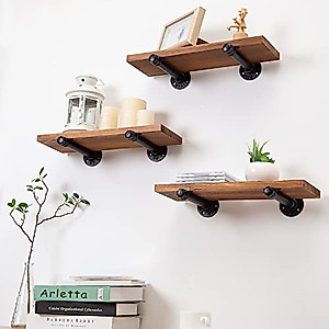 canwedance Rustic Wood Floating Shelves with Industrial Pipe Brackets Set of 3,3 Tier Wall Mounted Shelving Storage for Bathroom Bedroom Living Room Kitchen Office Home Decor 16.1" x 5.5" (Brown)