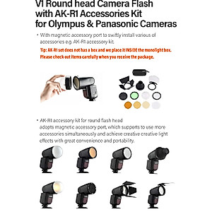 Godox V1-O TTL Flash Speedlite 76WS GN92 2.4G High-Speed Sync 1/8000s 2600mAh Li-ion Battery Round Head Camera Speedlight with Godox AK-R1 Accessories Kit Compatible for Olympus Panasonic Cameras