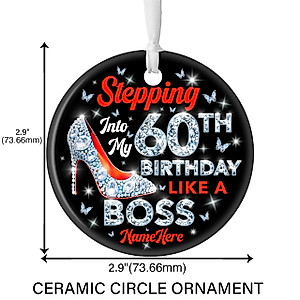 Personalized 60th Birthday Ornament Glittered High Heel Round Ceramic Ornament 3 Inch Keepsake for Birthday Christmas Tree Decoration Inspirational Awesome Bday Party Gift for Women Girls Friends