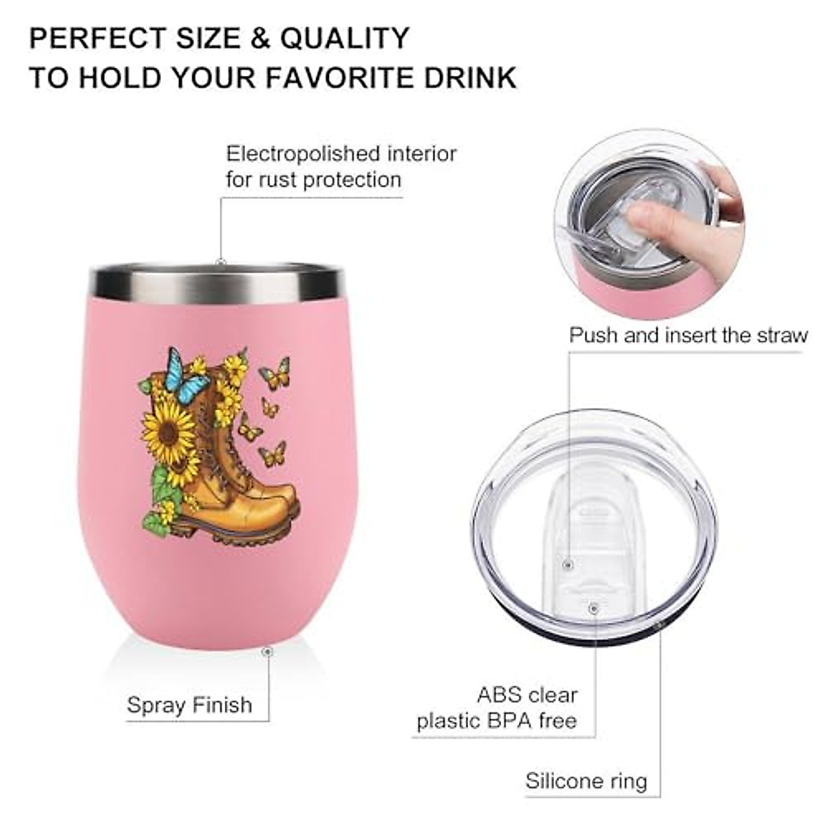 Boots Butterfly Sunflower Flowers Insulated Tumbler with Lid Stainless Steel Coffee Mug Cute Wine Tea Water Cup Pink-style