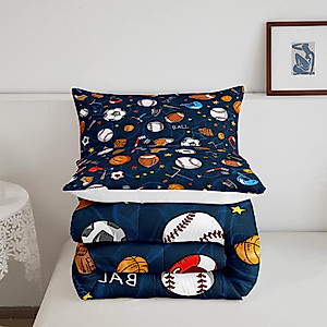 Feelyou Sports Comforter Set Blue Ball Bedding Set Baseball Football Basketball Comforter for Kids Boys Girls Competitive Games Duvet Set Room Decor Quilt King Size Boys