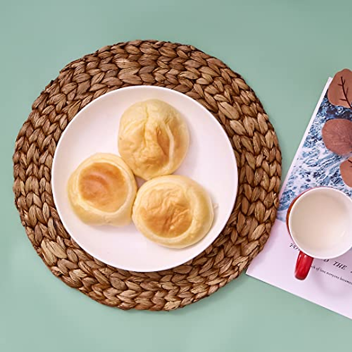 (4 Sizes: 12"-13"-14"-15") BARIEN Brown Woven Placemats Round Set of 6, Natural Water Hyacinth Weave Placemat for Dining Table, Large Handmade Woven Placemats Heat Resistant Non-Slip (13" - Set of 6)