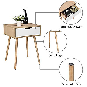 Bonnlo Wood&White Nightstands Set of 2 End Side Table with Spacious Drawer & Solid Wood Legs for Livingroom, Bedroom, Dorm