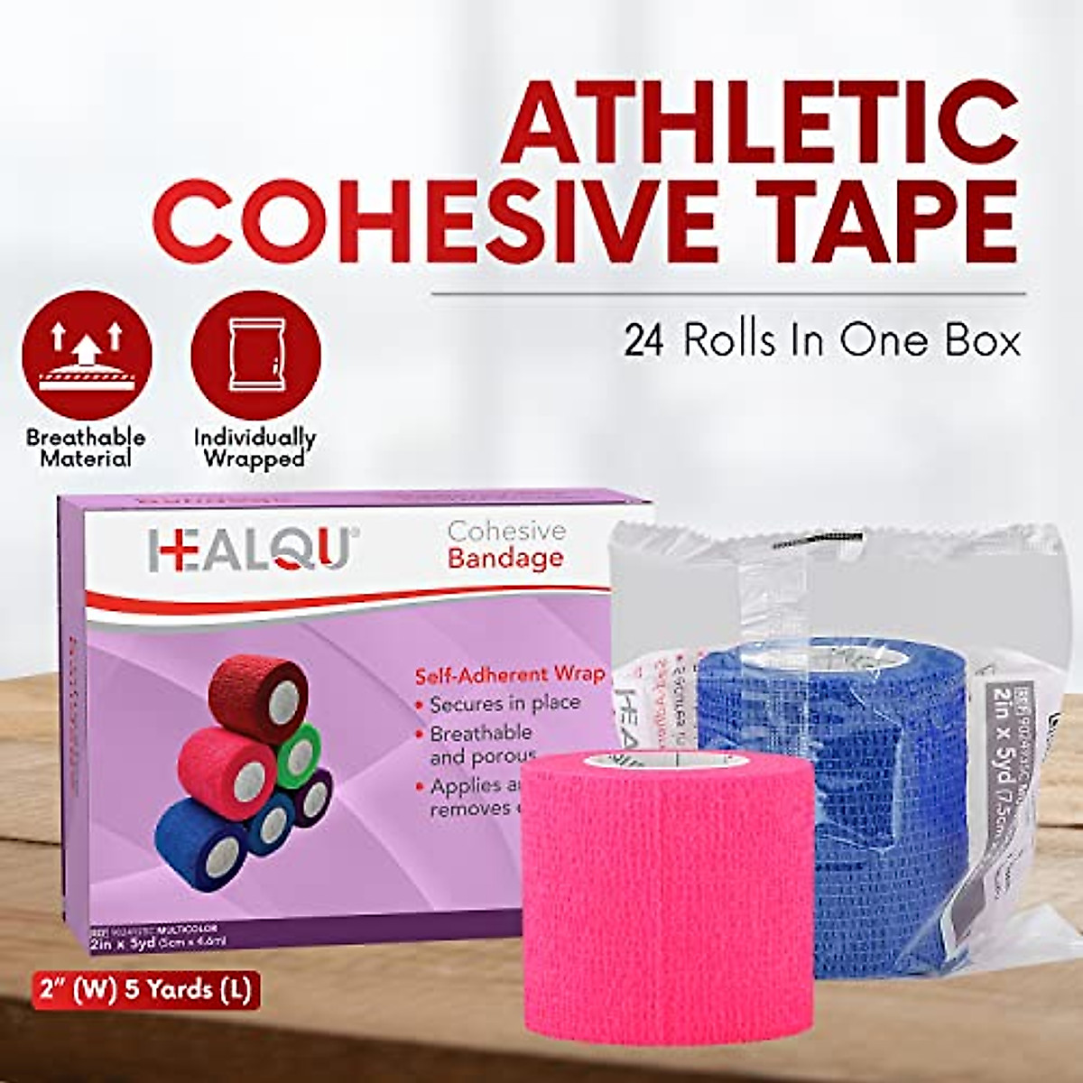 HEALQU Self Adhesive Bandage Wrap – 12 Rolls 2in x 5yd Cohesive Tape for Athletic and Sports - Self Adherent Medical Tape, Flexible, Elastic Bandages Multicolor for Wrist & Ankle Vet Wrap for Dogs