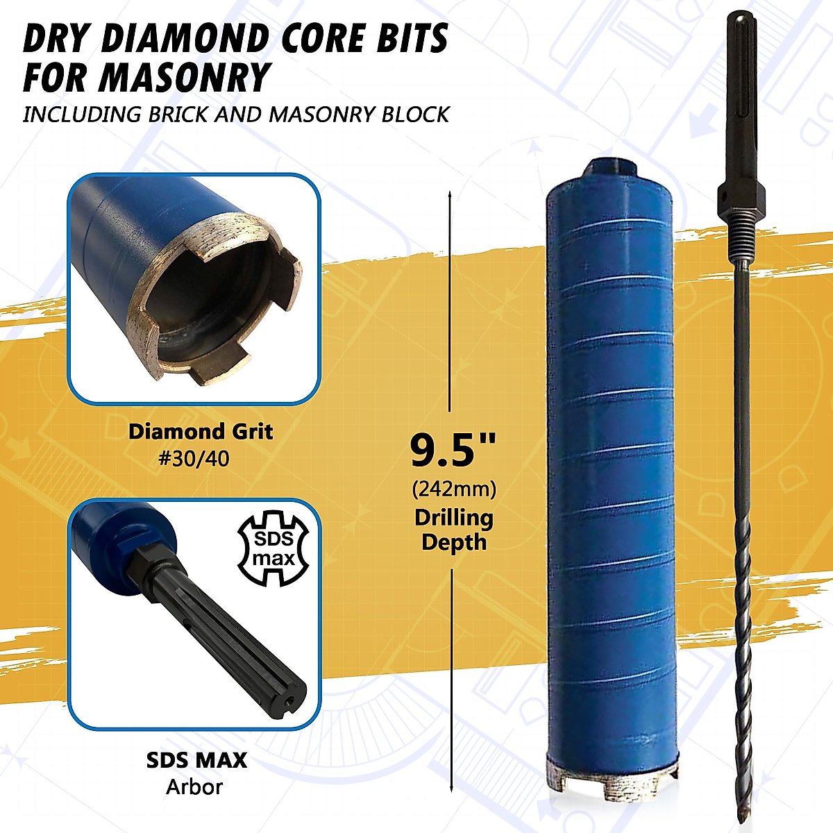 2-1/2" Dry Diamond Core Drill Bits for Brick and Block, 9.5" Drilling Depth, 10mm Segment Height, SDS Max Pilot Bit Adapter