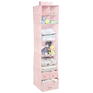 mDesign Fabric Hanging Organizer - Over Closet Rod Storage, 7 Shelves/3 Removable Drawers for Baby Nursery Bedroom Organization - Hold Clothes, Linens, Toys, Accessories, 2 Pack, Pink/White Polka Dot
