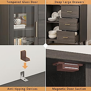 Function Home Sideboard Buffet, Storage Cabinet with Glass Door, Wood Accent Console with Drawers, Mid Century Coffee Bar for Kitchen, Living Room, Hallway, Entry, Walnut