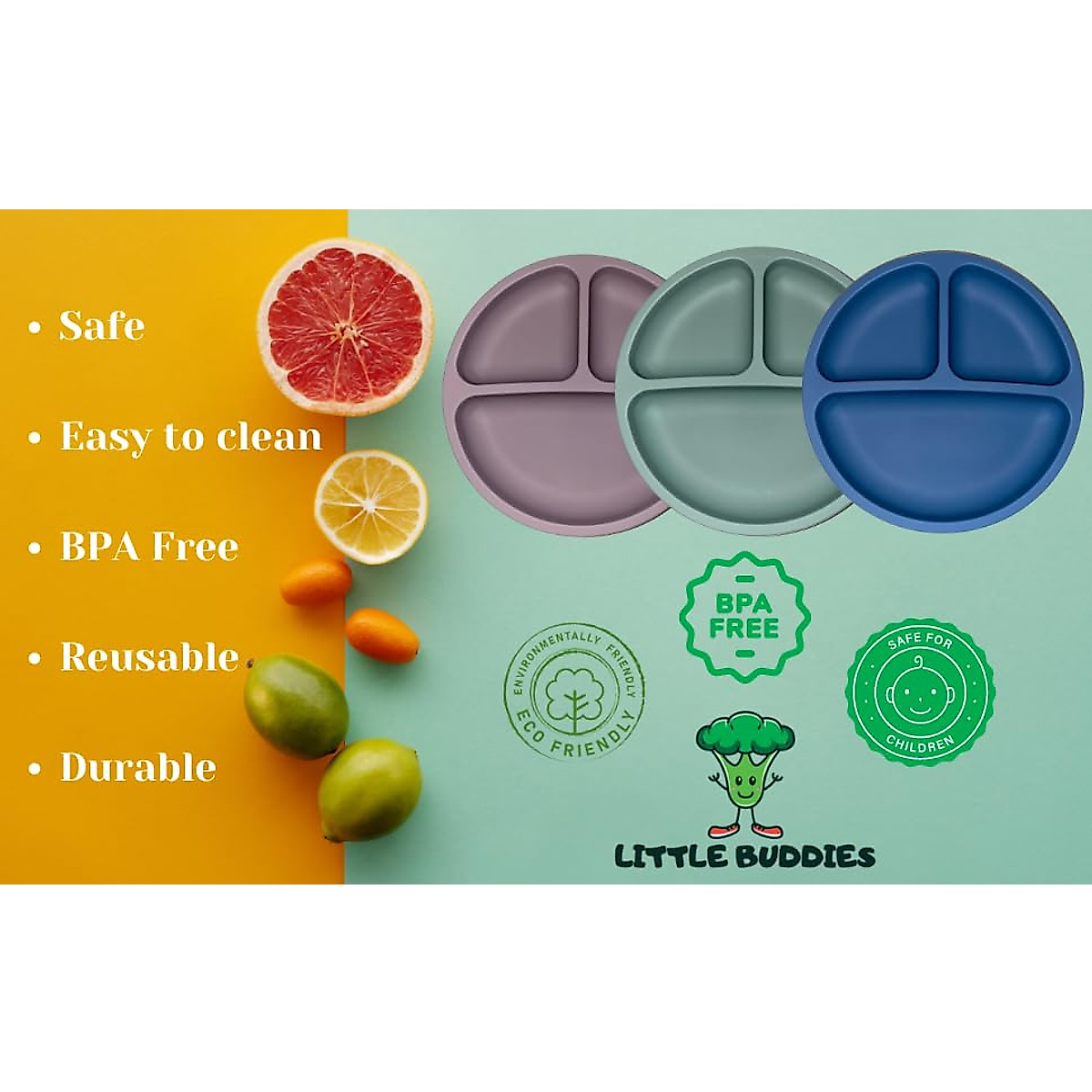 Little Buddies 100% Silicone Suction Dishware Plates for Toddlers and Babies | Dishwasher and Microwave Safe | 3 Pack | Blue, Gray, Green