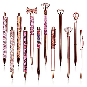 12 Pcs Rose Gold Ballpoint Pen Set Metal Crystal Diamond Pen Liquid Sand Glitter Pen for Journaling Black Ink Retractable Crystal Glitter Fancy Pens Gifts for Women School Wedding Office Home Supplies