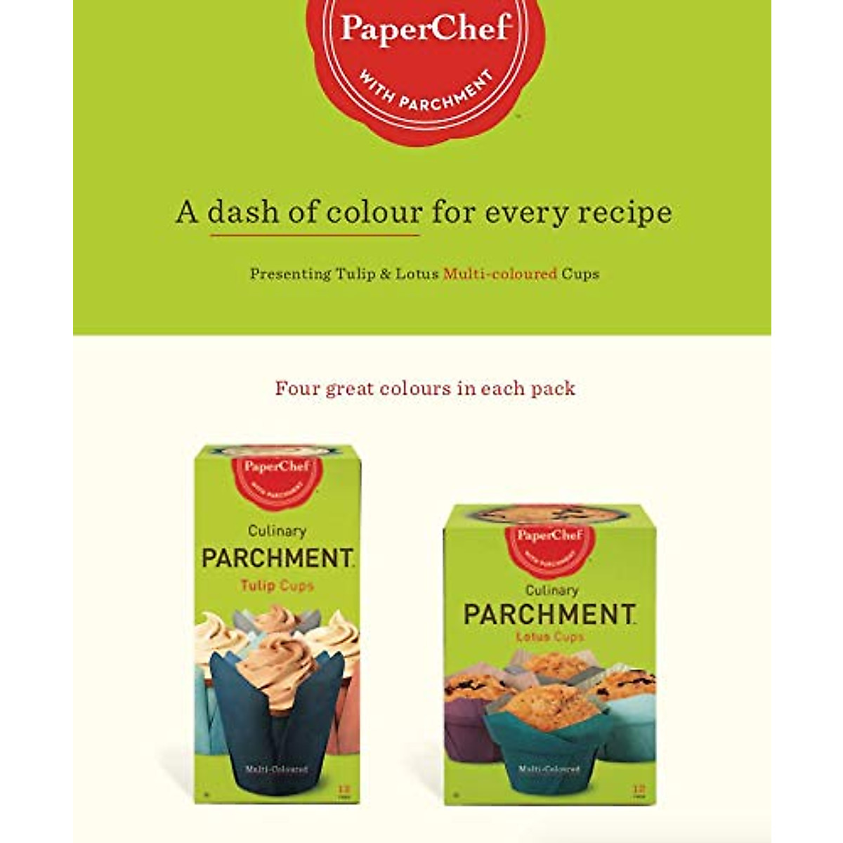 PaperChef Baking Cup: Lotus-Shaped Cupcake and Muffin Liners, Nonstick Parchment Papers, Tin and Ramekin Liner, 4 Elegant Colors, Biodegradable Paper Supplies, Kosher-Certified, (Multicolored, 12 cups