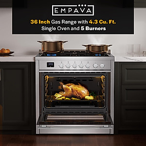 Empava Gas Range, 4.3 Cu. Ft Convection Oven with Touch Timer, 5 Deep Recessed Burners Cooktop, Heavy Duty Continuous Grates in Stainless Steel, Freestanding & Slide-in Stove,36 Inch