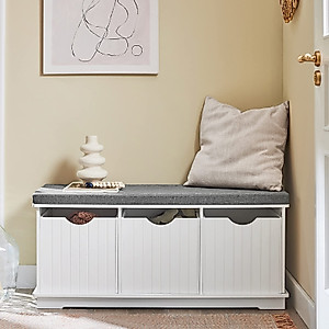 Haotian White Storage Bench with Drawers & Padded Seat Cushion, Hallway Bench Shoe Cabinet Shoe Bench, FSR30-W