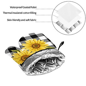 Sunflower Black White Buffalo Plaid Oven Mitts and Pot Holders Sets of 4 High Heat Resistant Yellow Floral Lumberjack Check Oven Mitts with Oven Gloves and Hot Pads Non-Slip Potholders for Kitchen BBQ